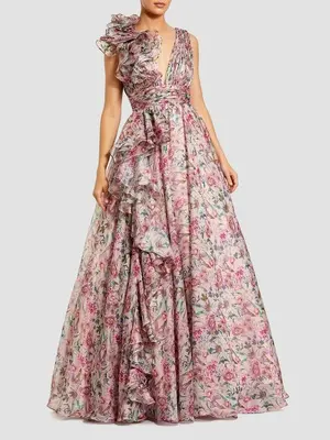 Mac Duggal Floral Chiffon Ruffled V-neck Gown - Pink Multi