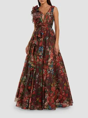 Mac Duggal Floral Chiffon Ruffled V-neck Gown - Wine Multi