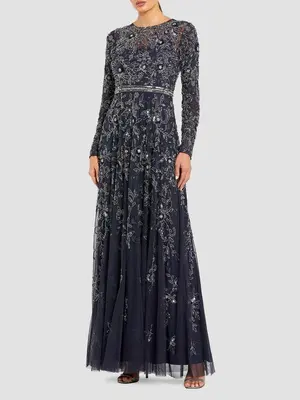Mac Duggal Floral-embellished Mesh A-line Gown - Midnight