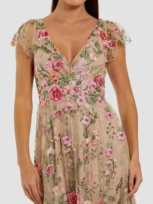 Mac Duggal Floral Embroidered Mesh V-neck Midi-dress
