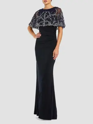 Mac Duggal Crystal & Bead-embellished Capelet Gown