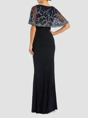 Mac Duggal Crystal & Bead-embellished Capelet Gown