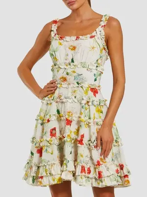 Mac Duggal Floral Ruffle Scoopneck Minidress
