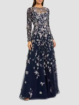 Mac Duggal Floral Embellished Mesh Long-sleeve Gown