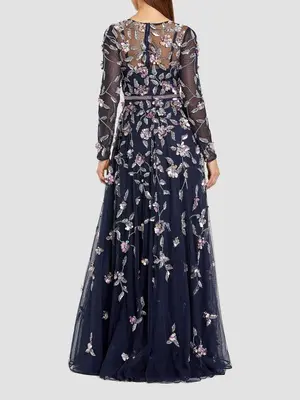 Mac Duggal Floral Embellished Mesh Long-sleeve Gown