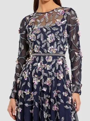 Mac Duggal Floral Embellished Mesh Long-sleeve Gown