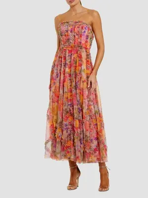 Mac Duggal Floral Mesh Ruffled Strapless Gown Multi