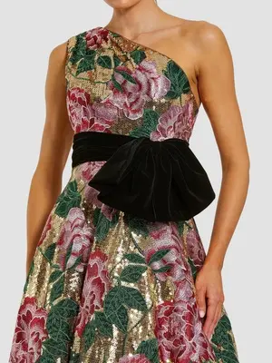 Mac Duggal Velvet Bow One-shoulder Sequin Ballgown
