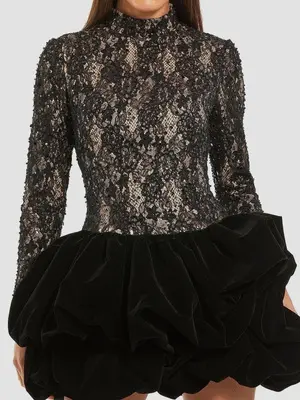 Mac Duggal Sequined Lace & Velvet Bubble-hem Minidress