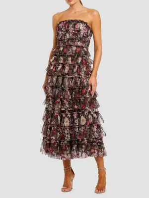 Mac Duggal Tiered Ruffled Floral Strapless A-line Midi-dress