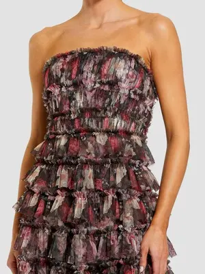 Mac Duggal Tiered Ruffled Floral Strapless A-line Midi-dress
