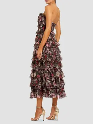 Mac Duggal Tiered Ruffled Floral Strapless A-line Midi-dress