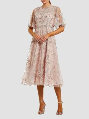 Mac Duggal Cocktail Embroidered Mesh Midi-dress - Blush