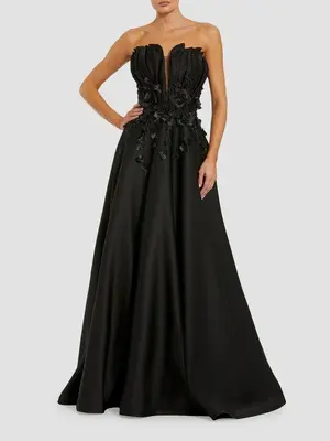 Mac Duggal Beaded Floral-appliquéd Charmeuse Strapless Gown - Black