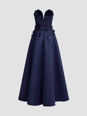 Mac Duggal Beaded Floral-appliquéd Charmeuse Strapless Gown - Navy