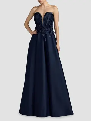 Mac Duggal Beaded Floral-appliquéd Charmeuse Strapless Gown - Navy