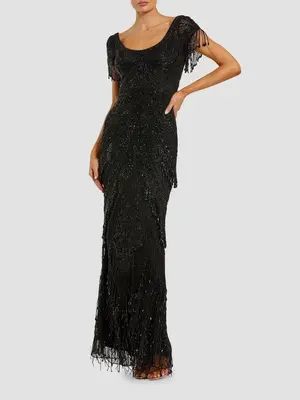 Mac Duggal Evening Beaded Fringe Short-sleeve Gown - Black