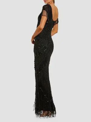 Mac Duggal Evening Beaded Fringe Short-sleeve Gown