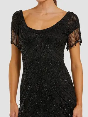 Mac Duggal Evening Beaded Fringe Short-sleeve Gown