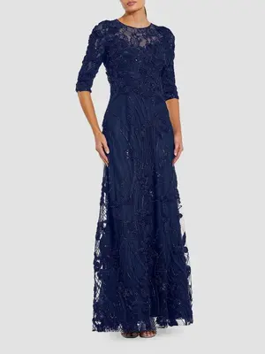 Mac Duggal Embellished Appliquéd Lace Gown - Navy