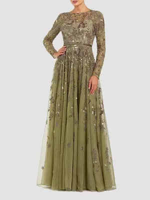 Mac Duggal Embellished Floral-embroidered Mesh Gown - Green