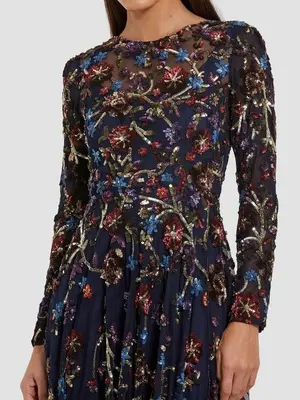 Mac Duggal Floral Beaded Mesh A-line Gown - Midnight Multi