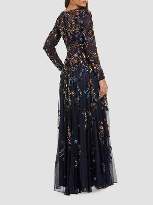 Mac Duggal Floral Beaded Mesh A-line Gown - Midnight Multi