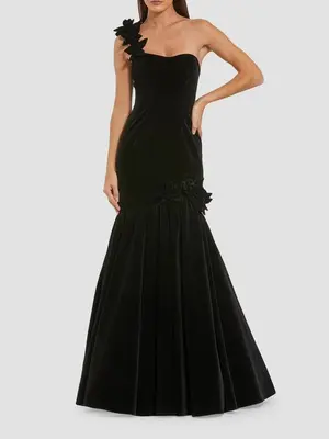 Mac Duggal Velvet One-shoulder Trumpet Bubble Hem Gown - Black