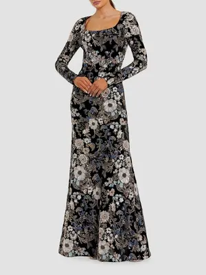 Mac Duggal Embroidered Velvet Long-sleeve Gown
