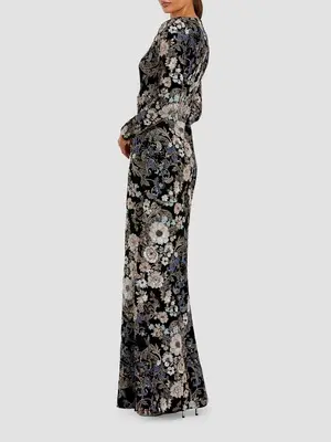 Mac Duggal Embroidered Velvet Long-sleeve Gown