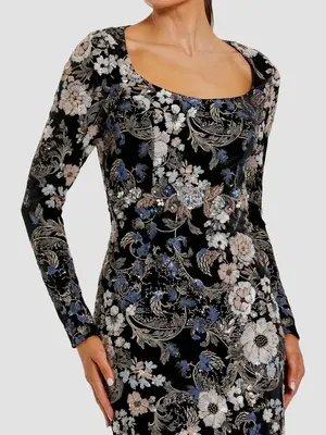 Mac Duggal Embroidered Velvet Long-sleeve Gown