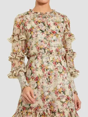 Mac Duggal Cocktail Floral Ruffled Long-sleeve Maxi Dress