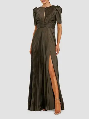 Mac Duggal Pleated Charmeuse Short-sleeve Gown - Olive