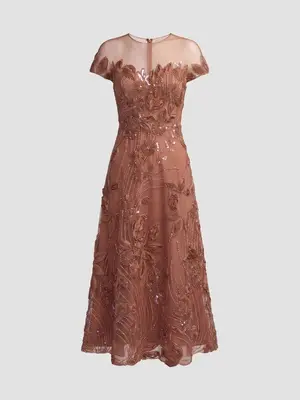 Mac Duggal Embellished Lace Illusion A-line Midi-dress Rust