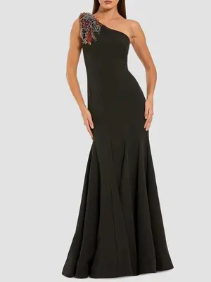 Mac Duggal One-shoulder Beaded Crepe Mermaid Gown