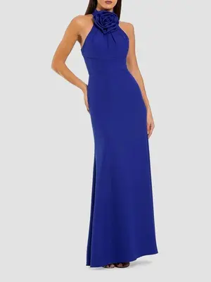 Mac Duggal Rosette Sleeveless Crepe Column Gown