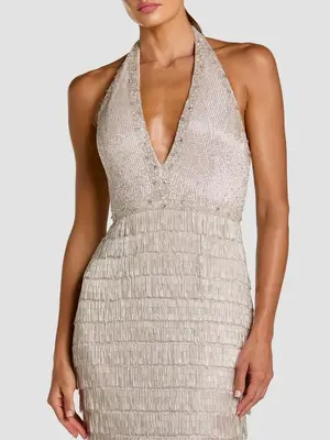 Mac Duggal Beaded Fringed Halter Gown