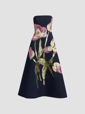 Amsale Sequin Floral Strapless Cocktail Dress - Navy