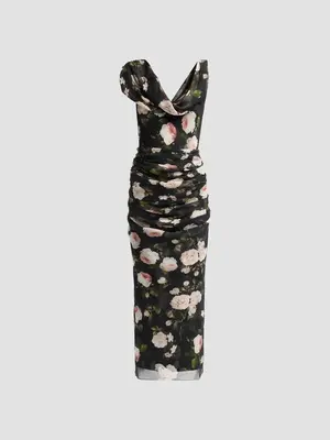 Carolina Herrera Chalet Floral Silk Ruched Midi Dress