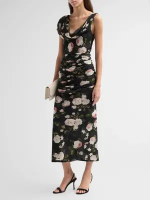 Carolina Herrera Chalet Floral Silk Ruched Midi Dress