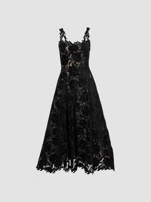 Carolina Herrera Chalet Floral Guipure Lace Scoopneck Midi Dress - Black