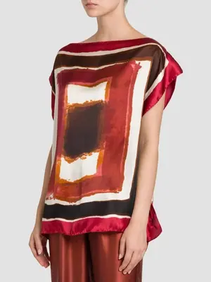 Kiton Painted Silk Cap-sleeve Blouse