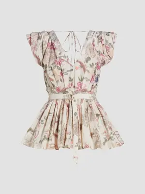 Prabal Gurung Belted Floral Puff Sleeve Top