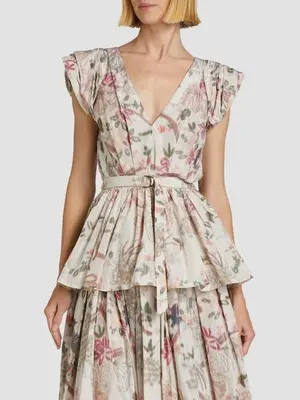 Prabal Gurung Belted Floral Puff Sleeve Top