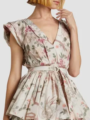 Prabal Gurung Belted Floral Puff Sleeve Top