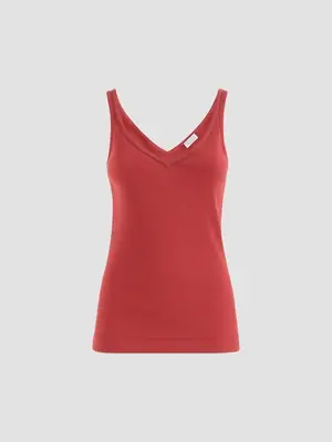 Brunello Cucinelli Stretch Cotton Ribbed Jersey Top With Monili - Red