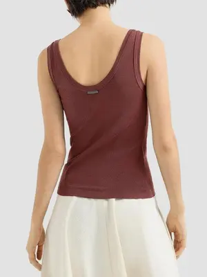Brunello Cucinelli Stretch Cotton Ribbed Jersey Top With Monili - Wine
