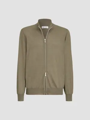 Brunello Cucinelli Cashmere And Silk Lightweight Cardigan With Zipper - Mud