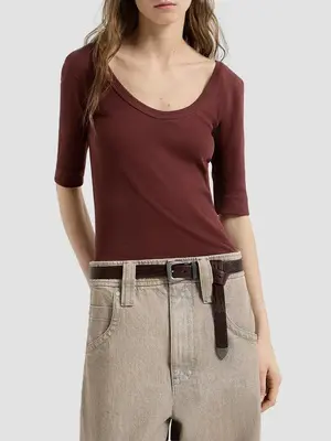 Brunello Cucinelli Stretch Cotton Ribbed Jersey T-shirt With Monili - Wine