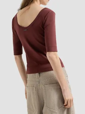 Brunello Cucinelli Stretch Cotton Ribbed Jersey T-shirt With Monili - Wine